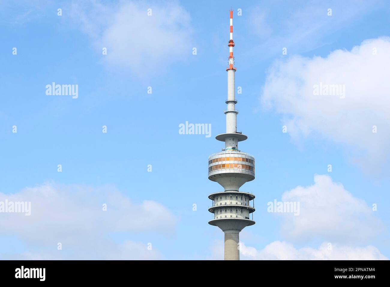 A photo shows Olympic Tower (communication tower / Olympiaturm) at Olympiapark (Olympic Park ...