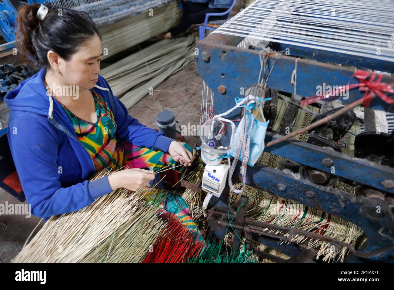Traditional bamboo and hemp mat factory. Vietnamese woman working on a ...