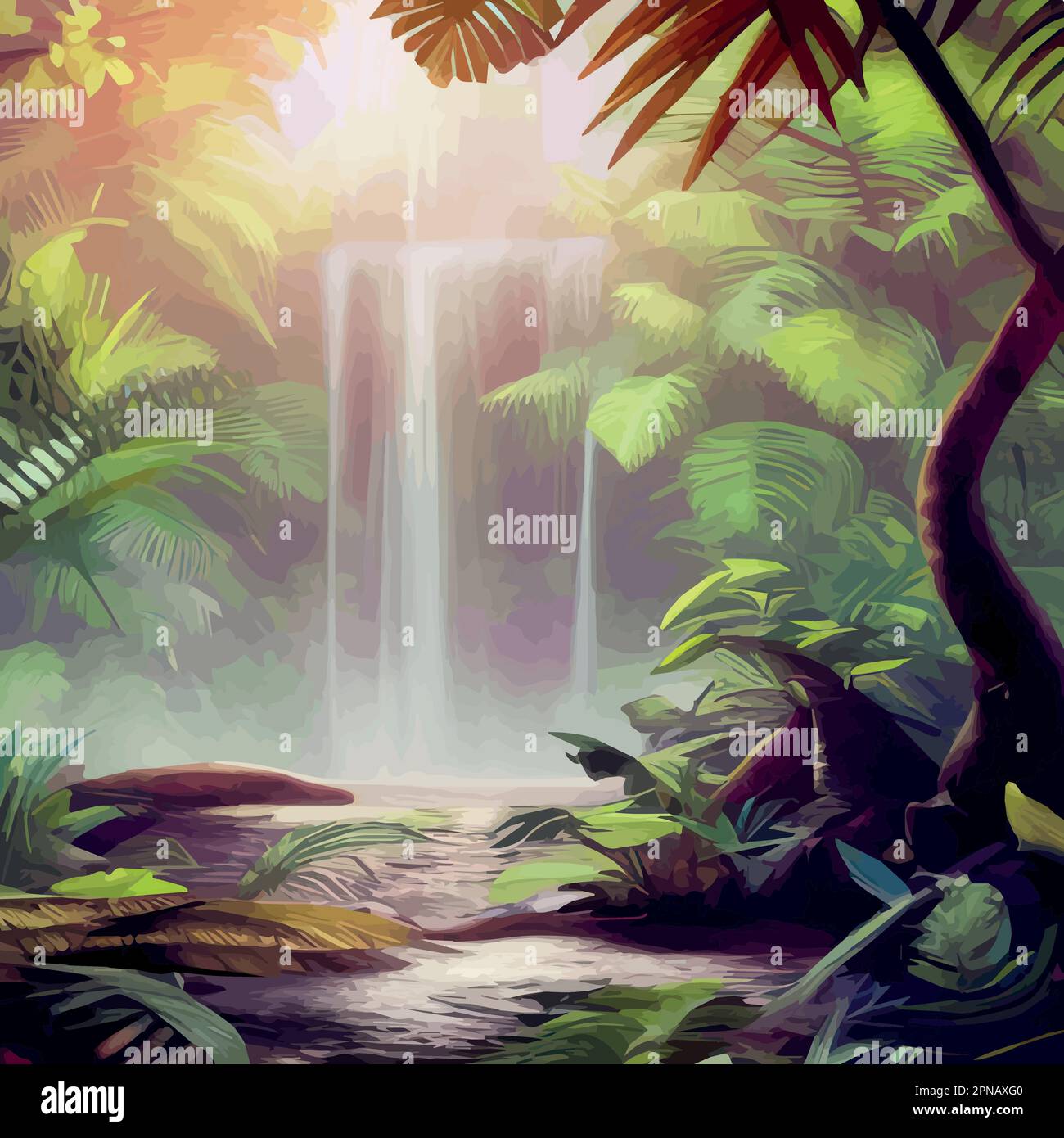 Natural tropical landscape with waterfall flowing between rocks and ...