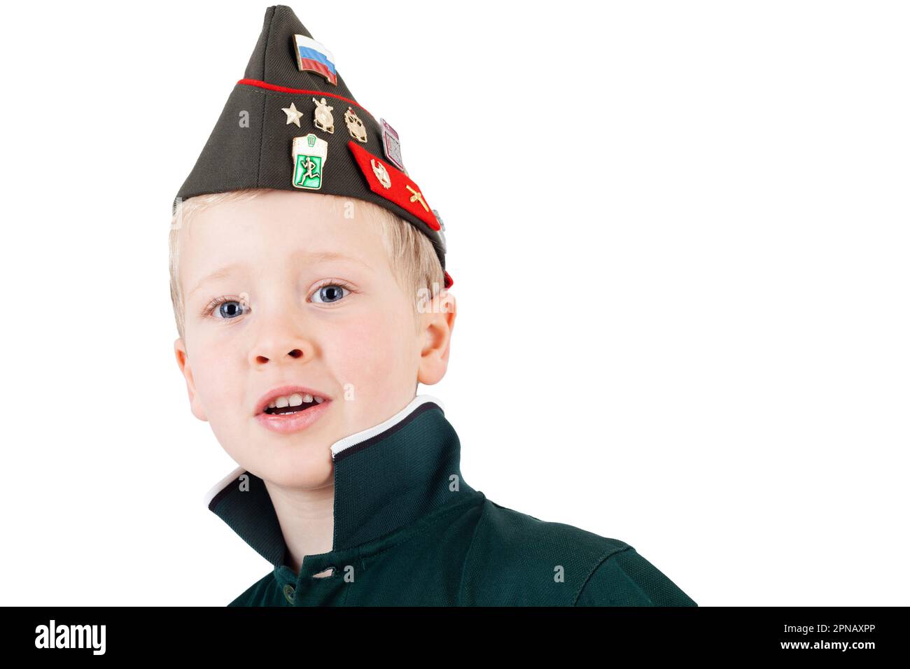 Animated young caucasian boy playing dressups in Russian folding army ...