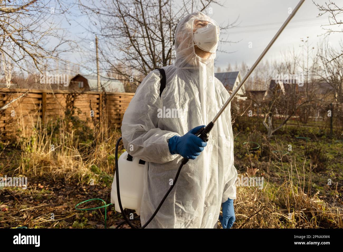 Using chemicals in the garden orchard gardener applying an insecticide ...