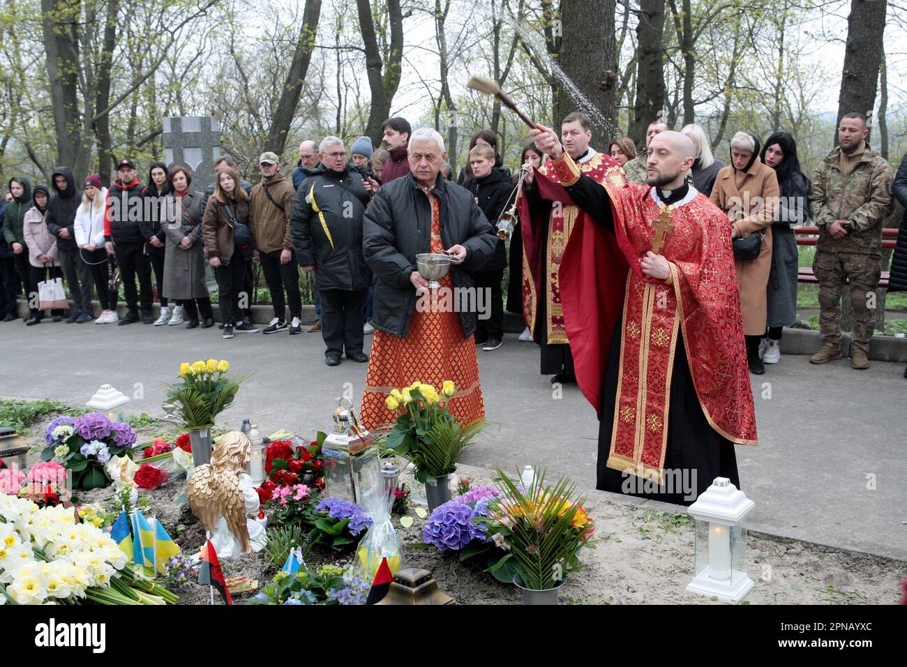 KYIV, UKRAINE - APRIL 15, 2023 - Priests conduct the 40th-day memorial ...