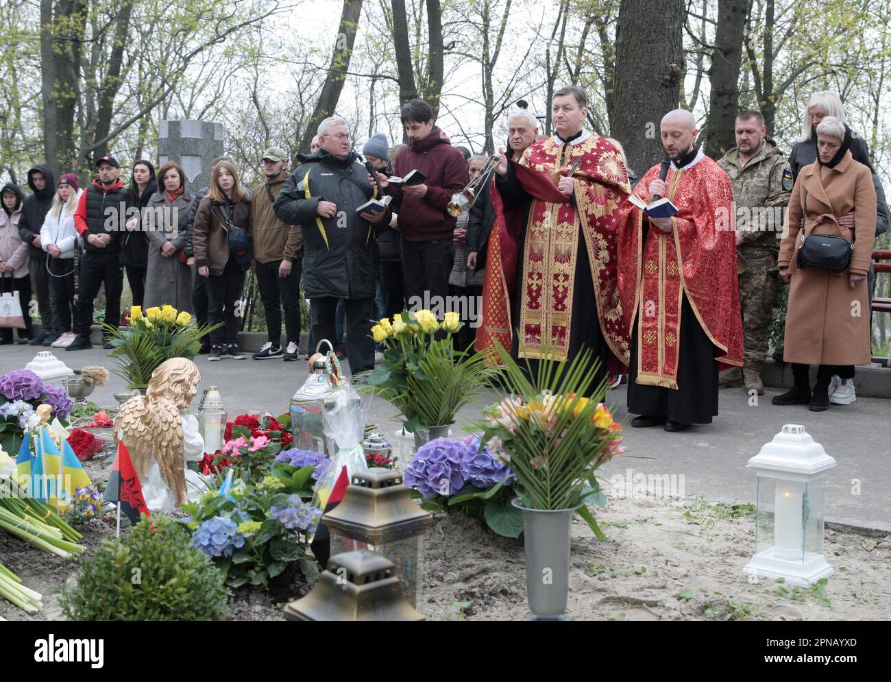 KYIV, UKRAINE - APRIL 15, 2023 - Priests conduct the 40th-day memorial ...