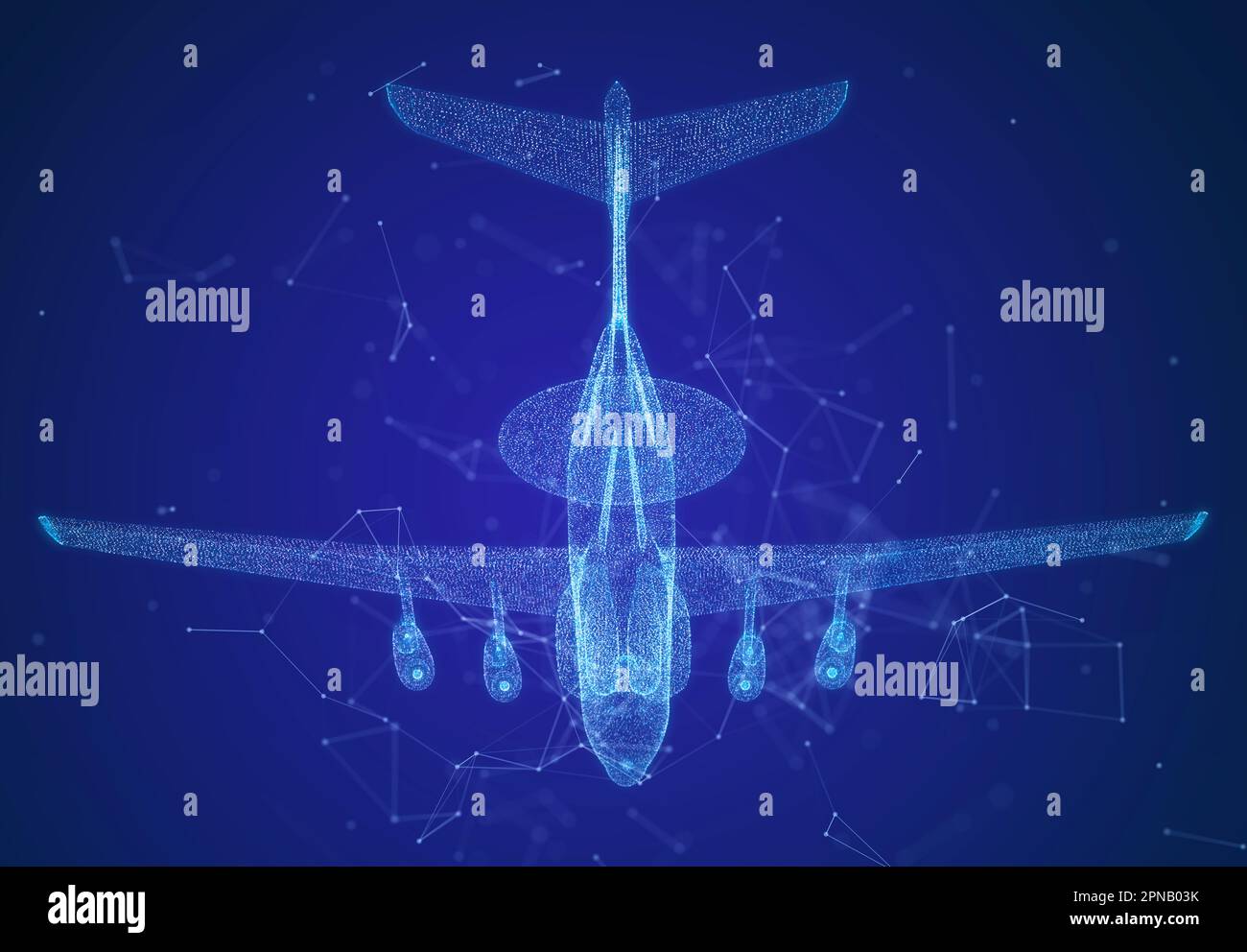 Military force AWACS jet airplane. Glowing neon particles and blue ...