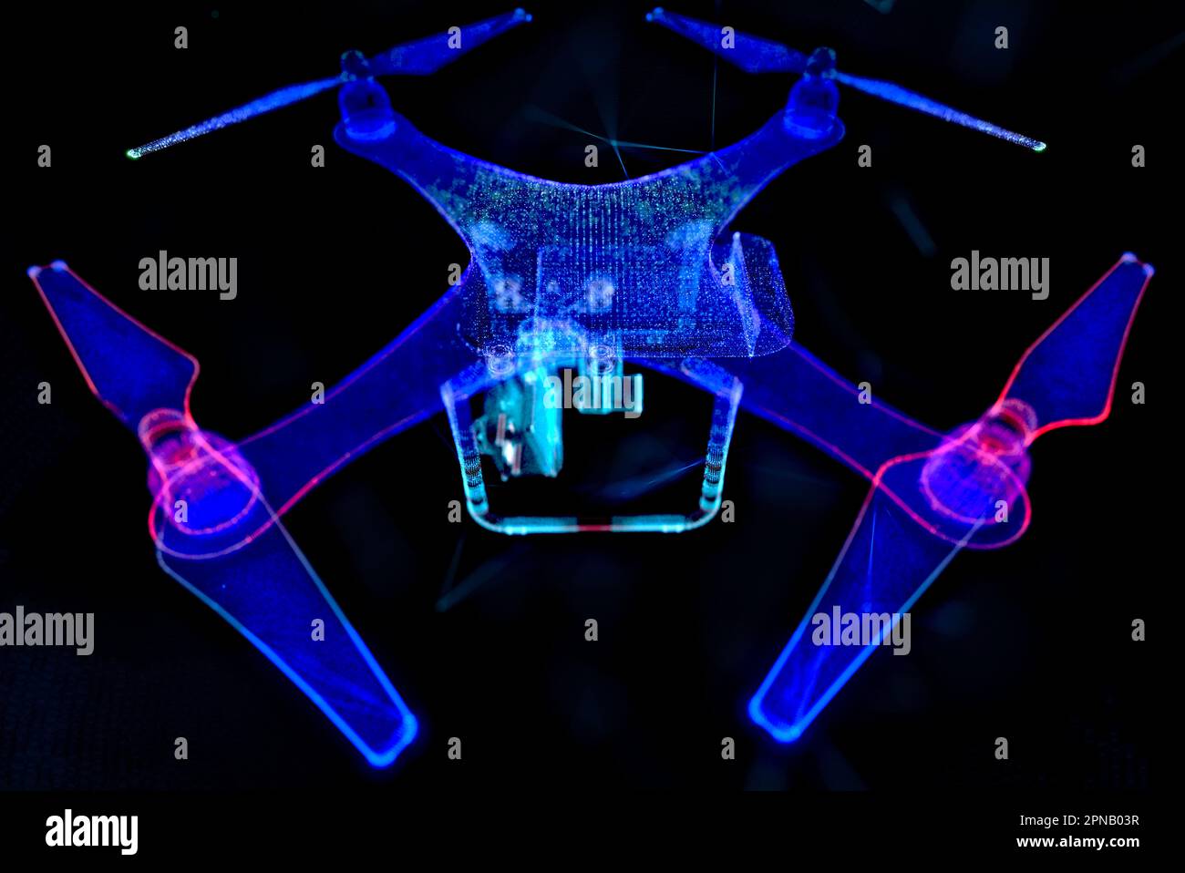 Drone with camera in dark blue. Abstract quadcopter with dots, lines ...