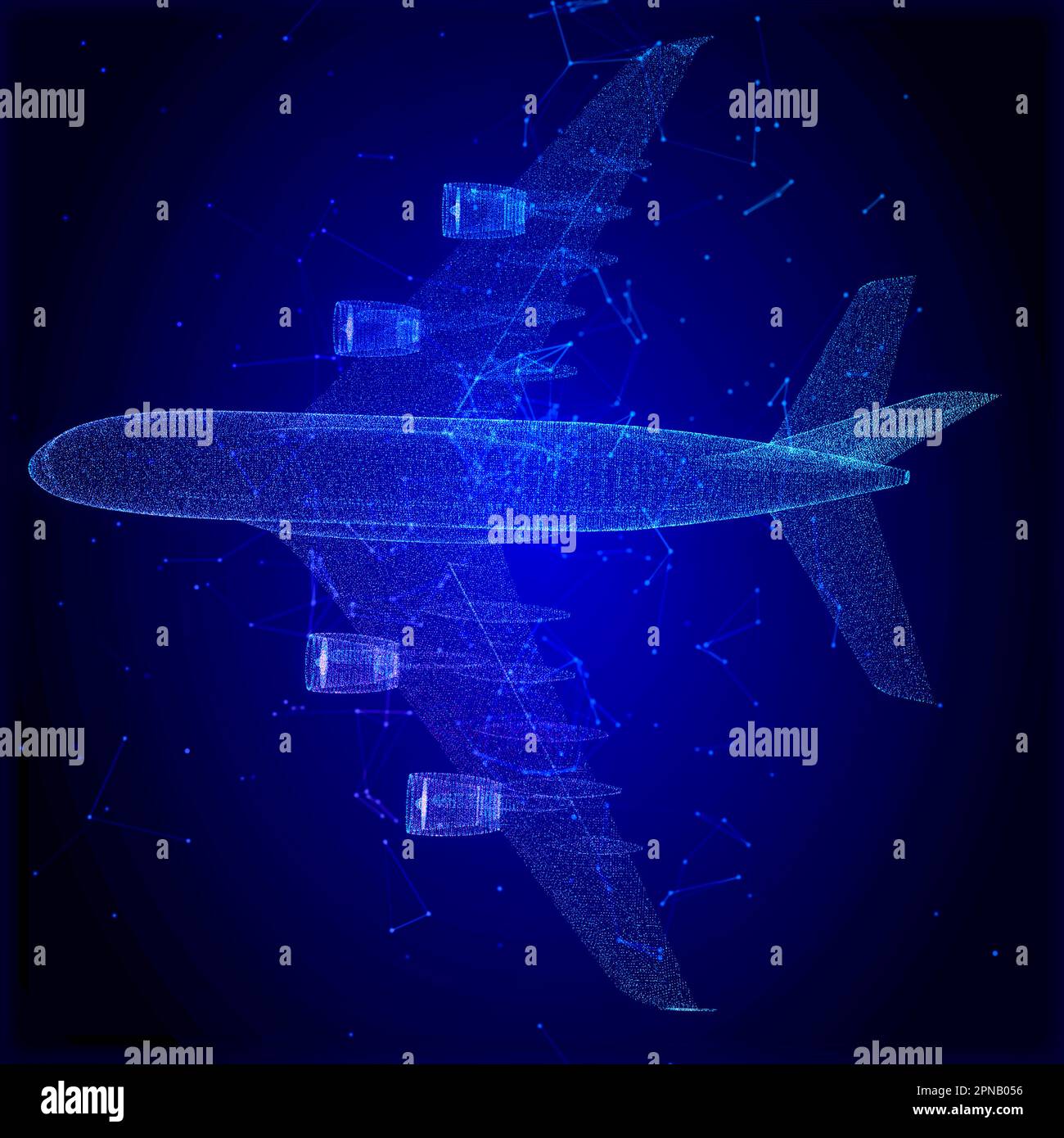 3d airplane. Digital airliner and world map concept in dark blue ...