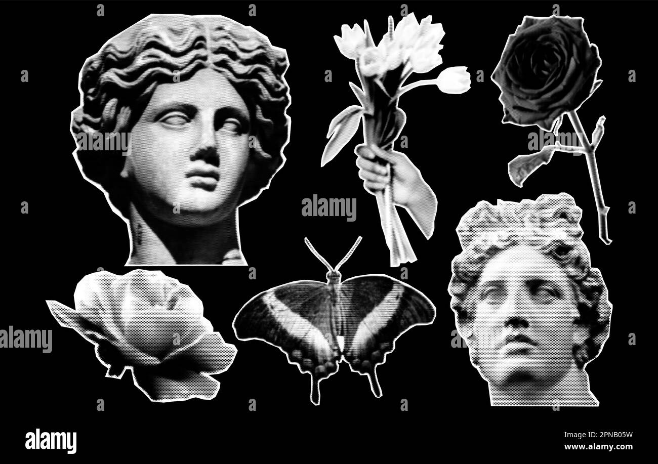 Halftone collage design elements in trendy magazine style. Statue, rose ...