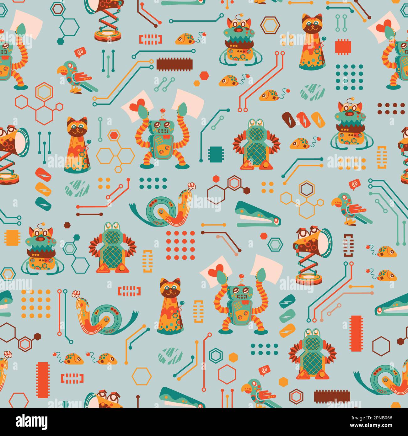 Cute and Colorful Robots in green, orange, yellow and reddish colors on ...