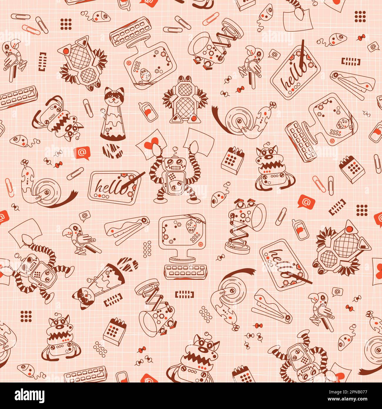 Brown, off-white and red sketchy but Cute Office Robots on a fabric ...