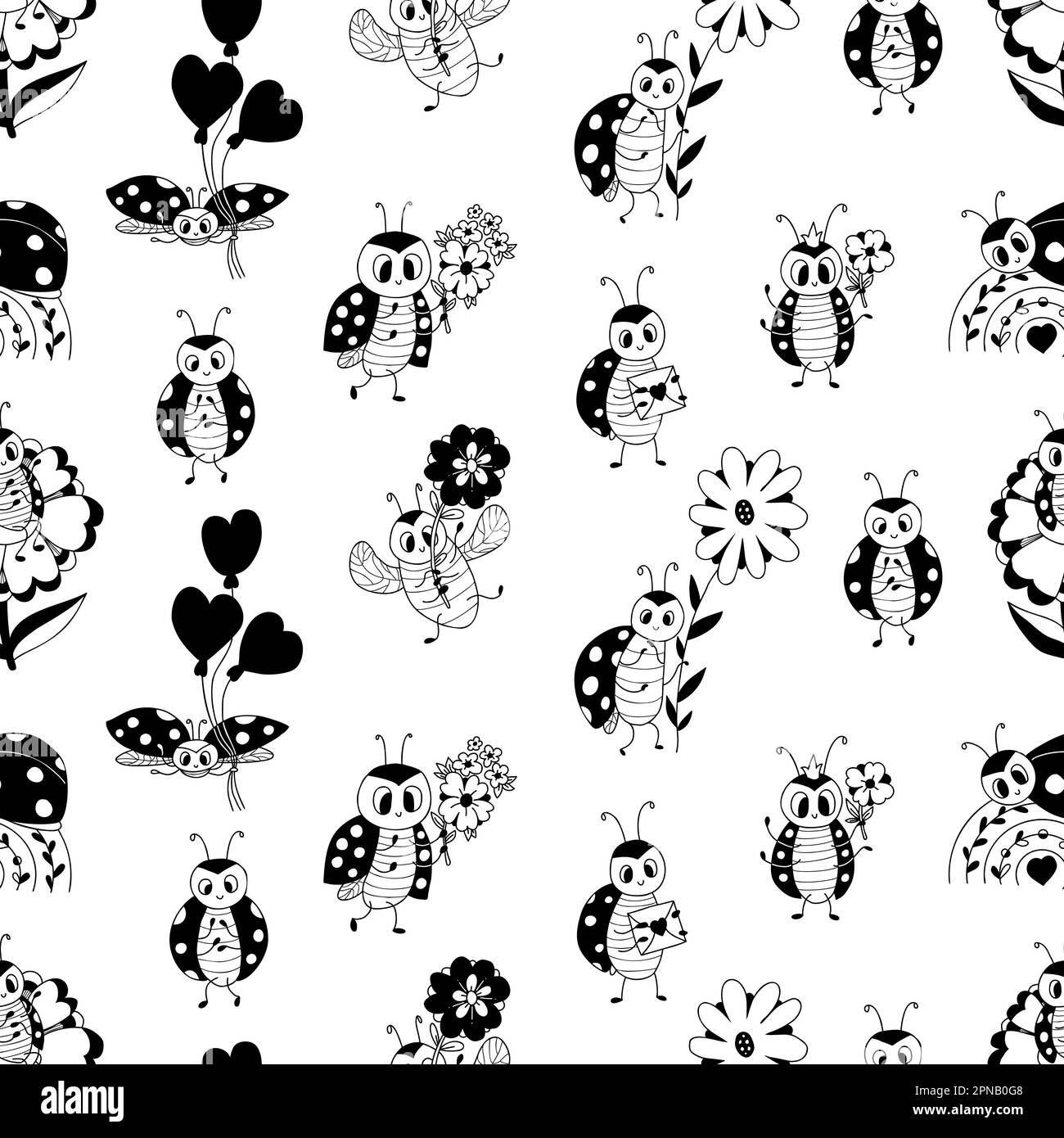 Seamless pattern with cute insects ladybugs on white background. Vector ...