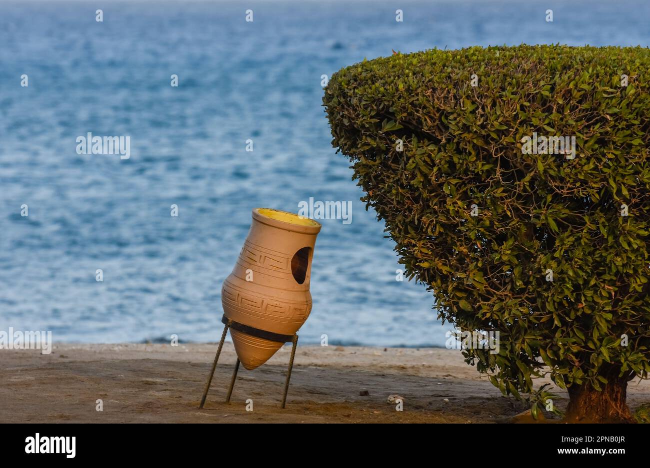 clay trash can and a shrub on the beach in egypt vacation Stock Photo ...