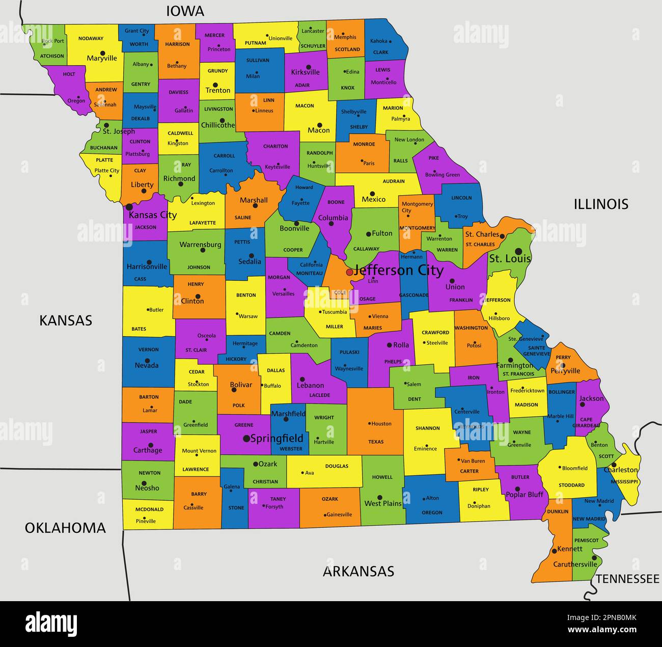 Colorful Missouri political map with clearly labeled, separated layers ...