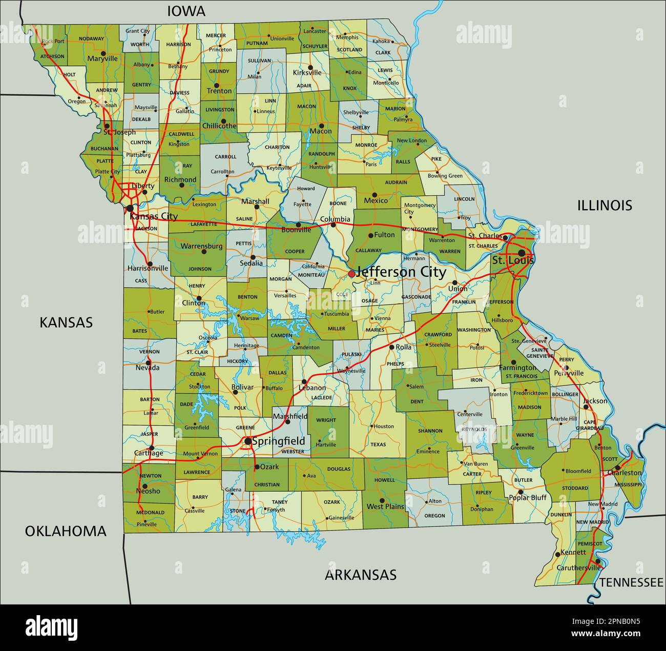Highly detailed editable political map with separated layers. Missouri ...