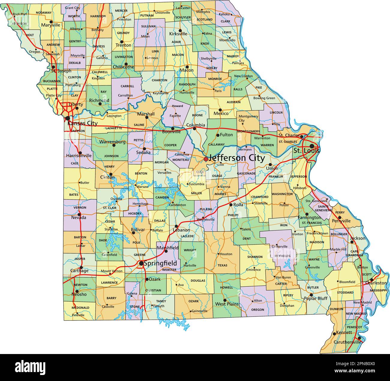 Missouri - Highly detailed editable political map with labeling Stock ...