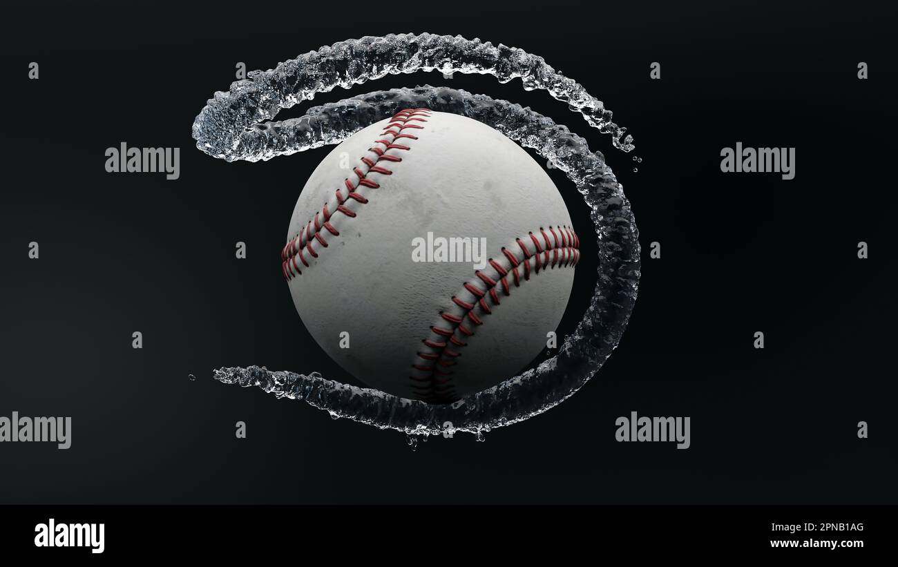 baseball ball Splashing, black background, wrapped in and water, Splash and water drops rotate ...