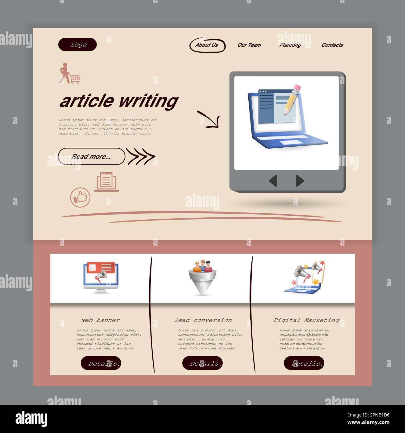 Article writing flat landing page website template. Web banner, lead ...