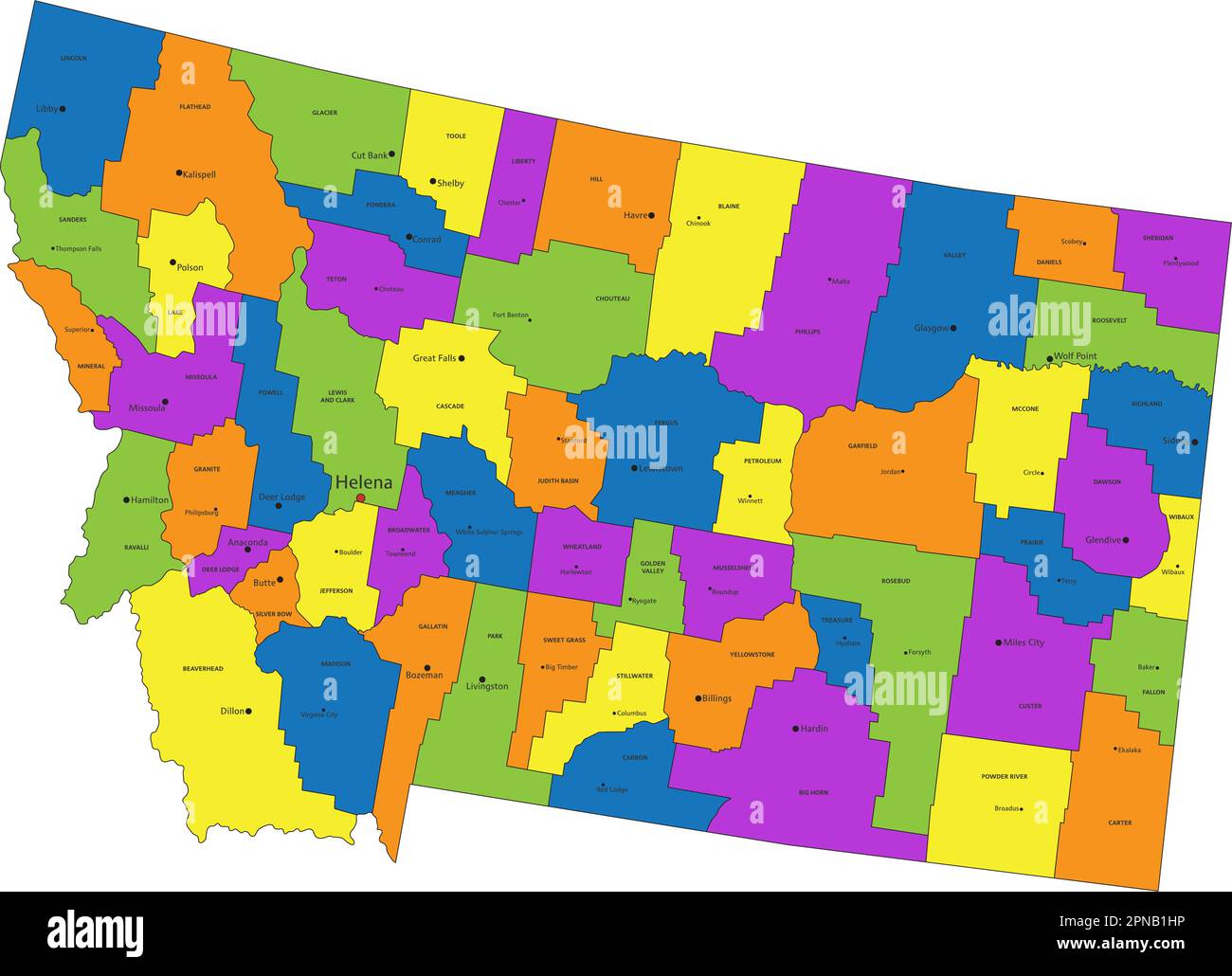 Colorful Montana political map with clearly labeled, separated layers ...