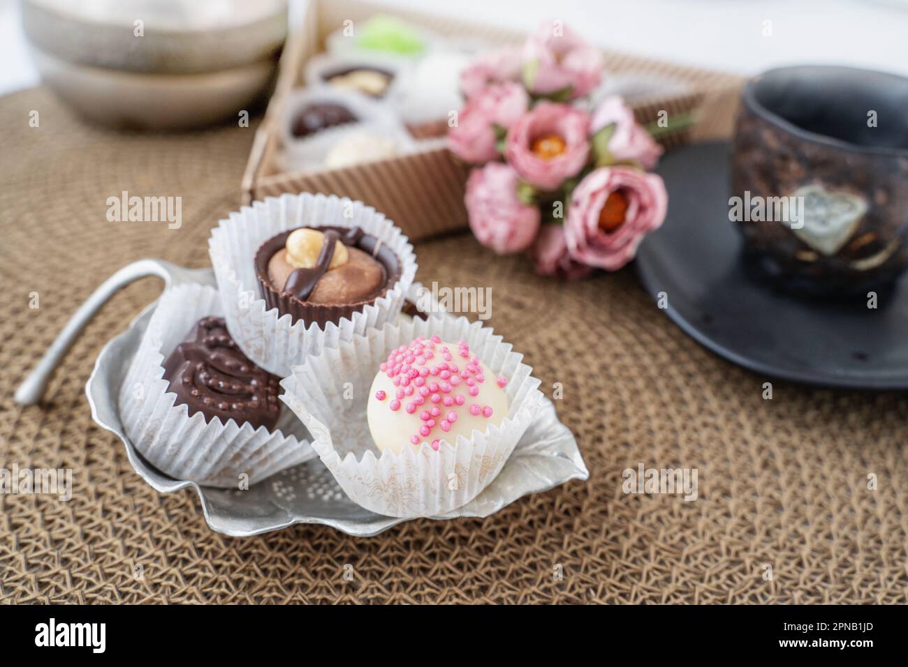 assorted handmade sweets, Swiss chocolates in gift box, various luxury ...