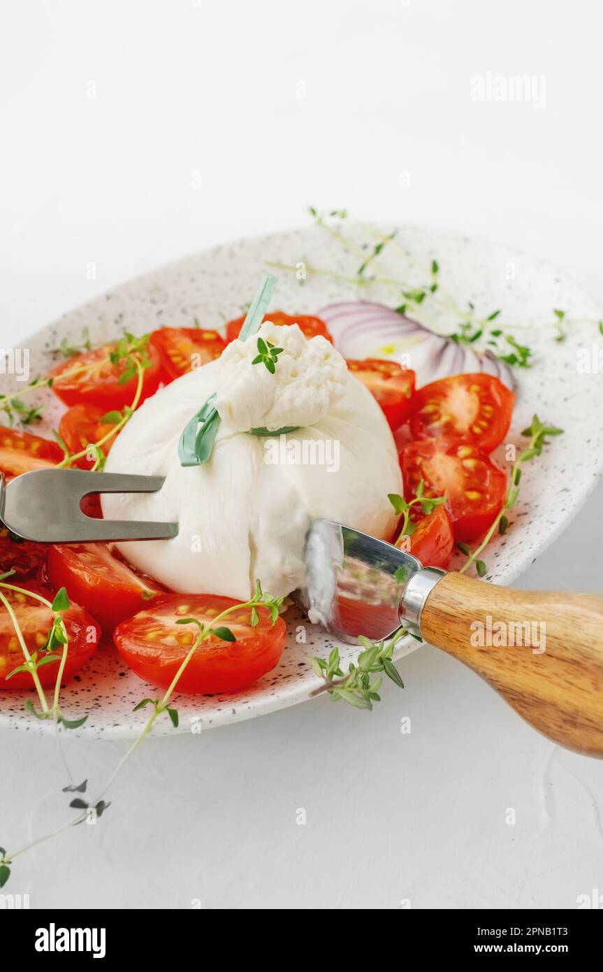Italian cheese burrata, tomatoes and vegetables close-up. A layer of ...