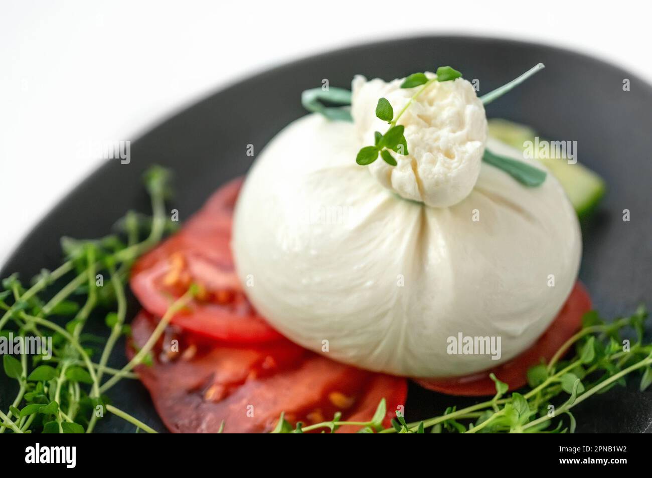 Italian cheese burrata, tomatoes and vegetables close-up. A layer of ...