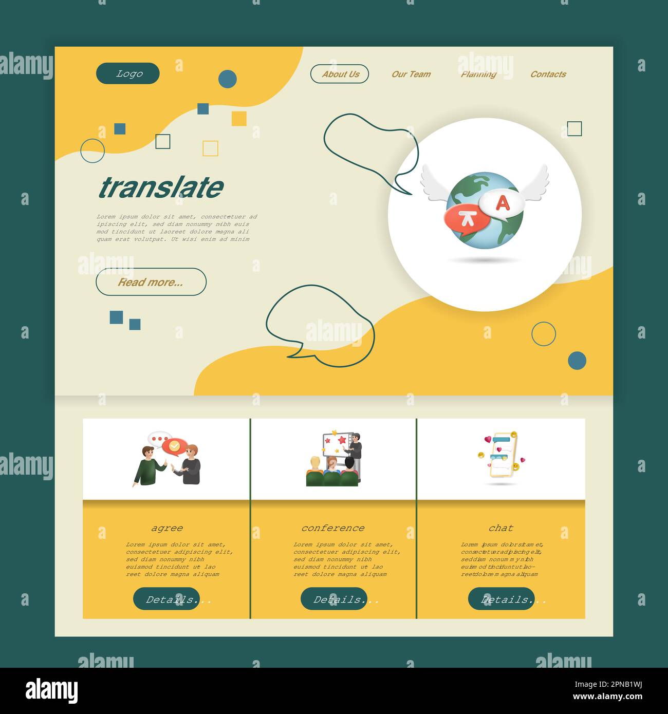 Translate flat landing page website template. Agree, conference, chat ...