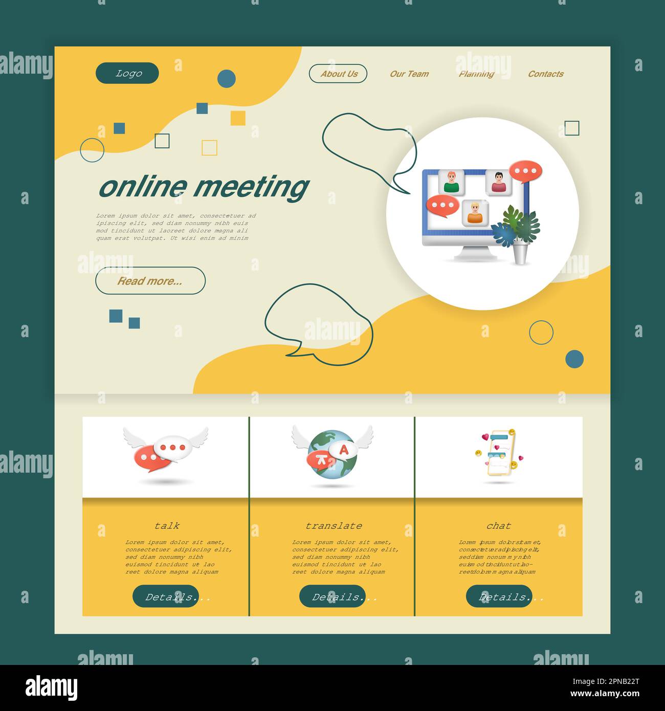 Online meeting flat landing page website template. Talk, translate ...
