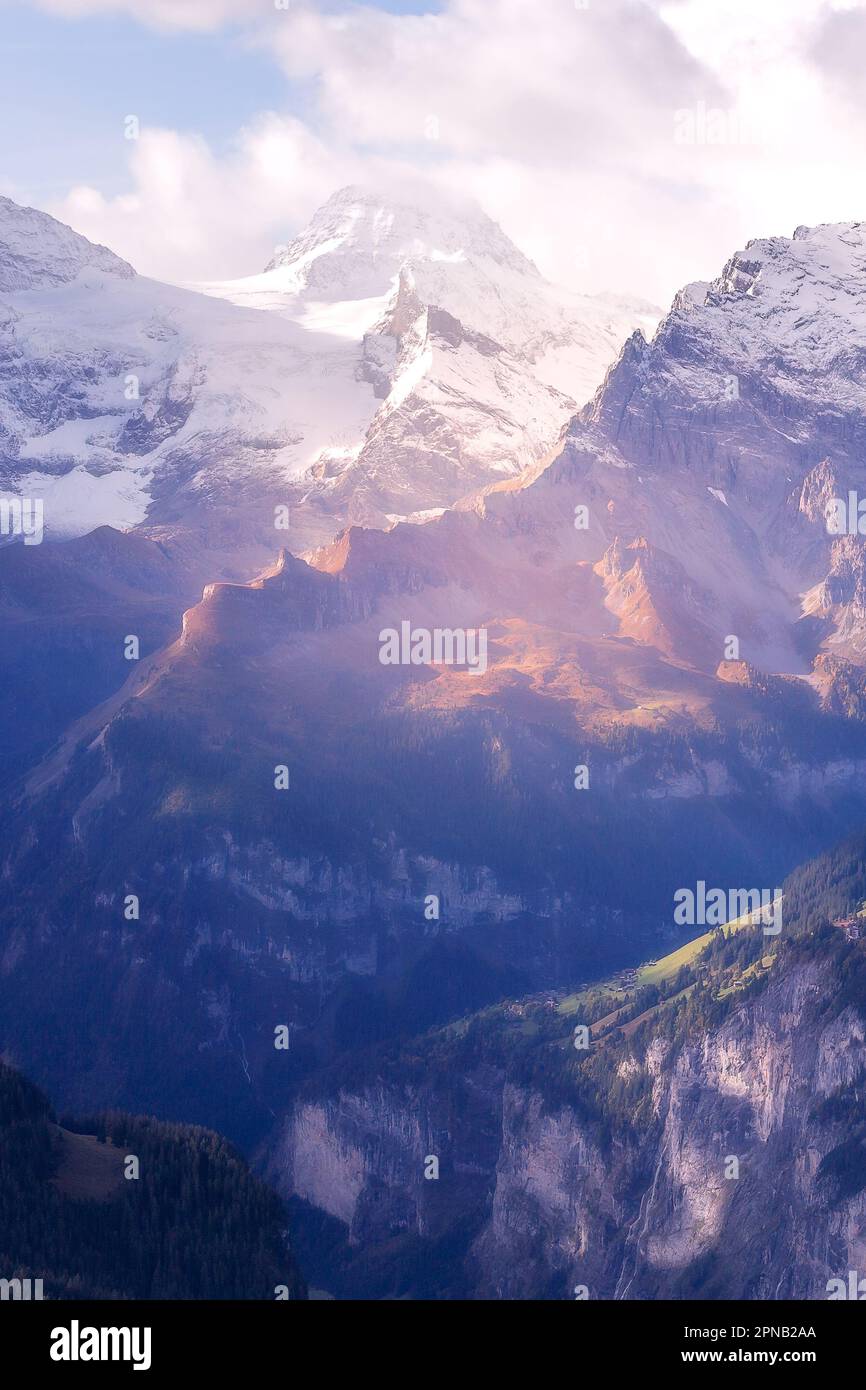 Panoramic banner view of Swiss Alps, Jungfraujoch, peaks first snow ...