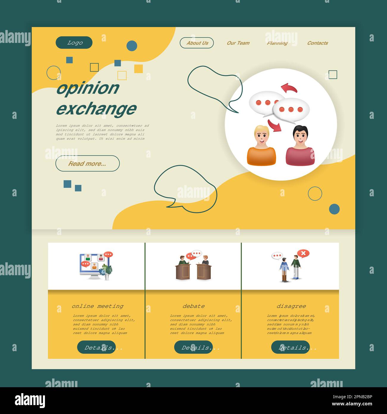 Opinion exchange flat landing page website template. Online meeting ...