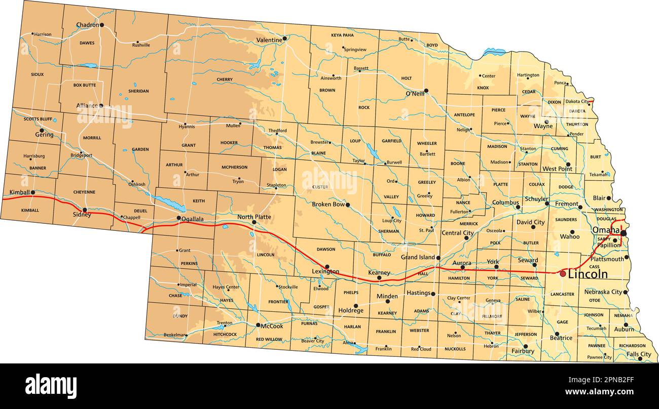 High detailed Nebraska physical map with labeling Stock Vector Image ... High detailed Nebraska physical map with labeling Stock Vector Image ...