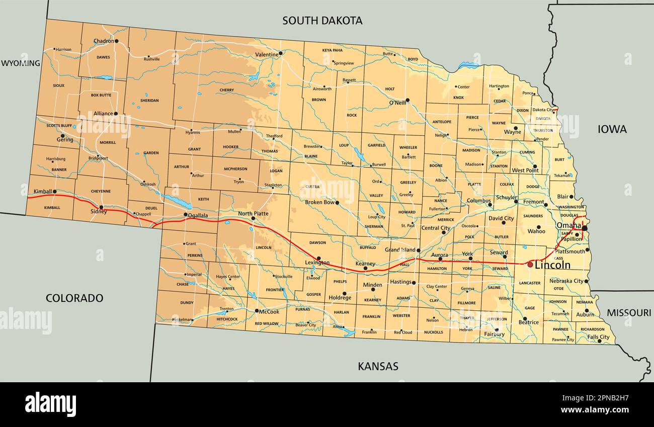 High detailed Nebraska physical map with labeling Stock Vector Image ... High detailed Nebraska physical map with labeling Stock Vector Image ...