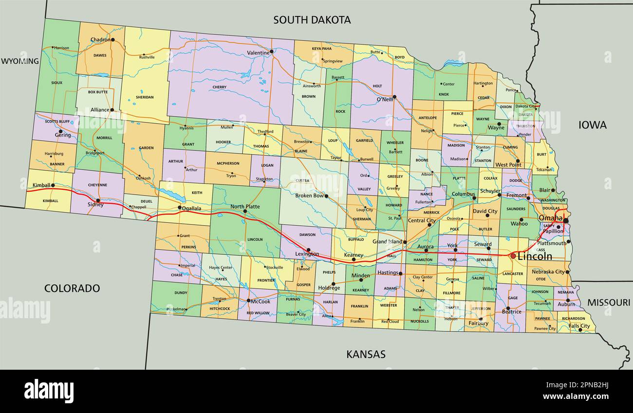 Nebraska - Highly detailed editable political map with labeling Stock ...