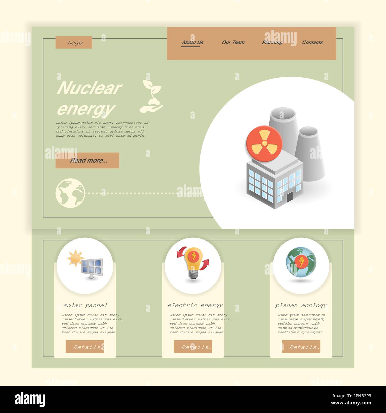Nuclear energy flat landing page website template. Solar pannel ...
