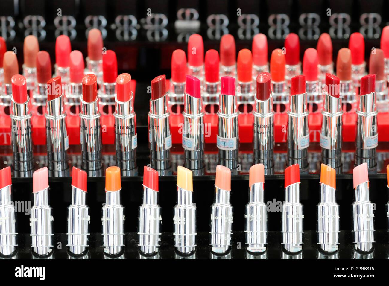Different shades of lipsticks inside a beauty shop. Ho Chi Minh City ...