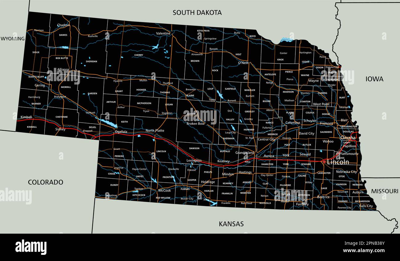 High detailed Nebraska road map with labeling Stock Vector Image & Art ...