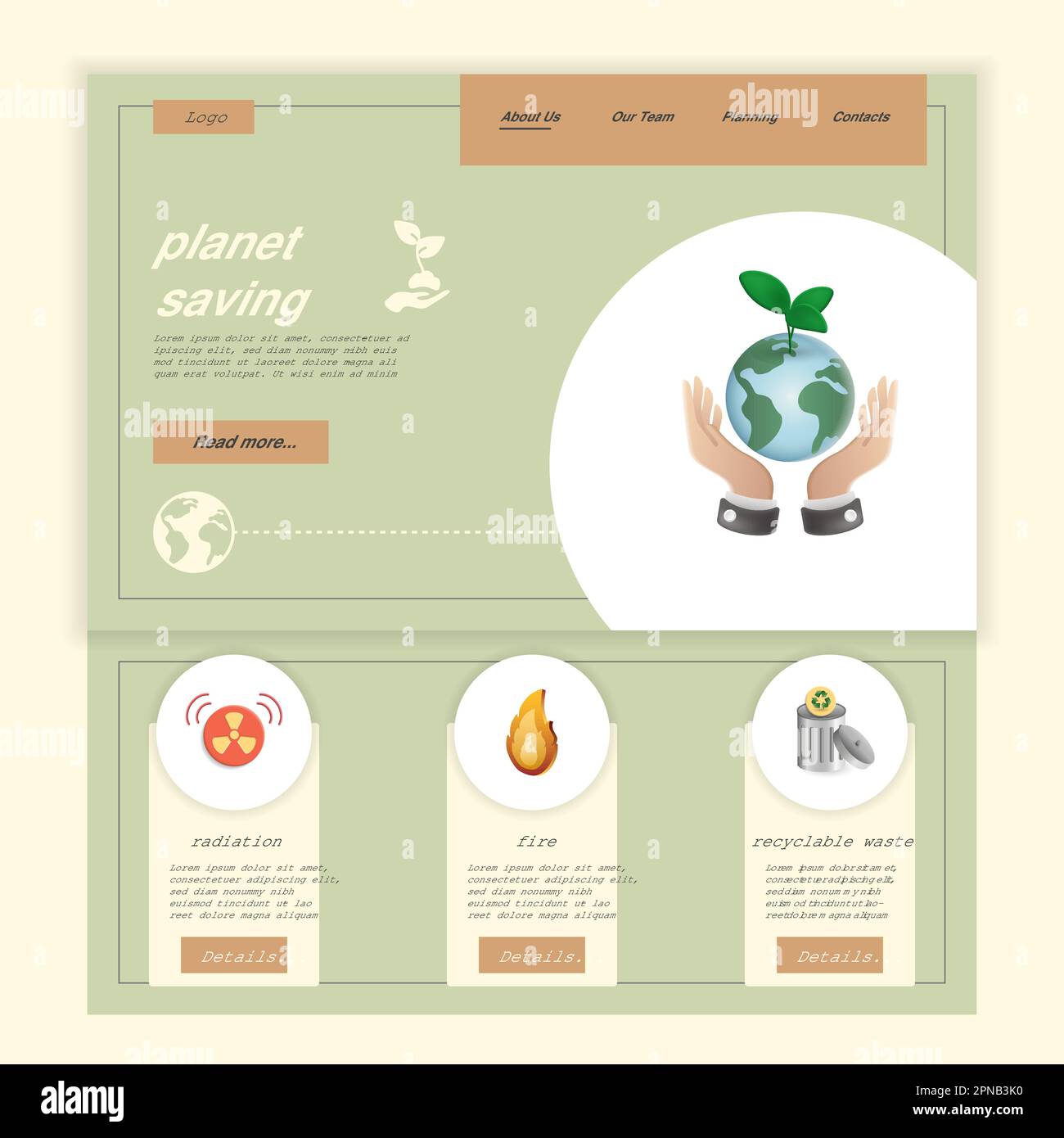 Planet saving flat landing page website template. Radiation, fire ...