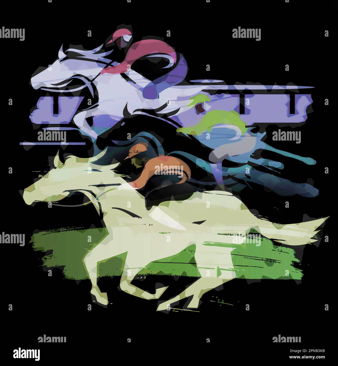 Race Horses, jockeys running action. Expressive Illustration of three ...