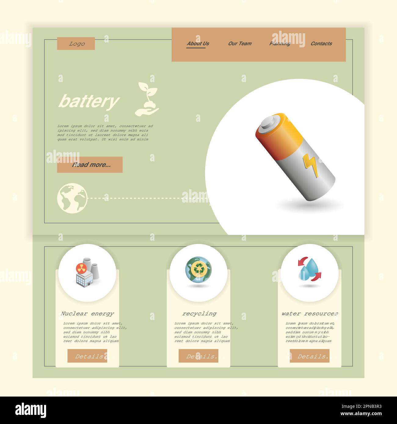 Battery flat landing page website template. Nuclear energy, recycling ...
