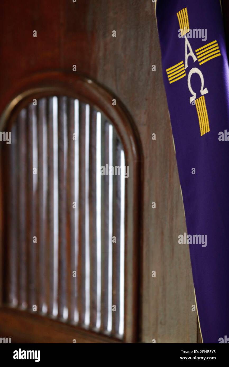 Sacred stole with Alpha and Omega Symbols. Confessional. Ho Chi Minh ...