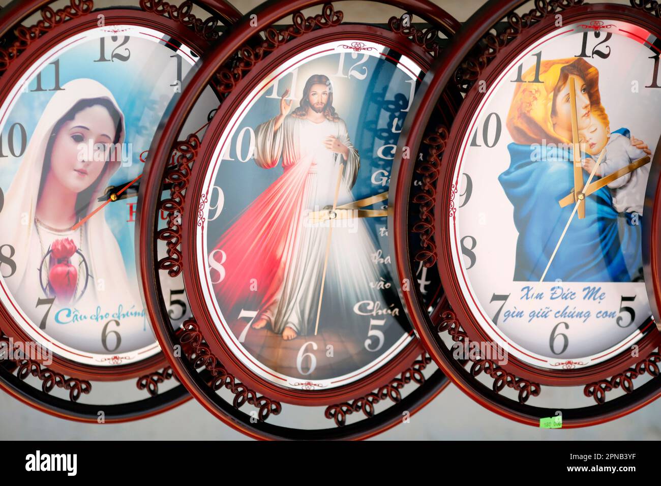 Religious shop. Christian items and souvenirs. Jesus and Holy Virgin ...