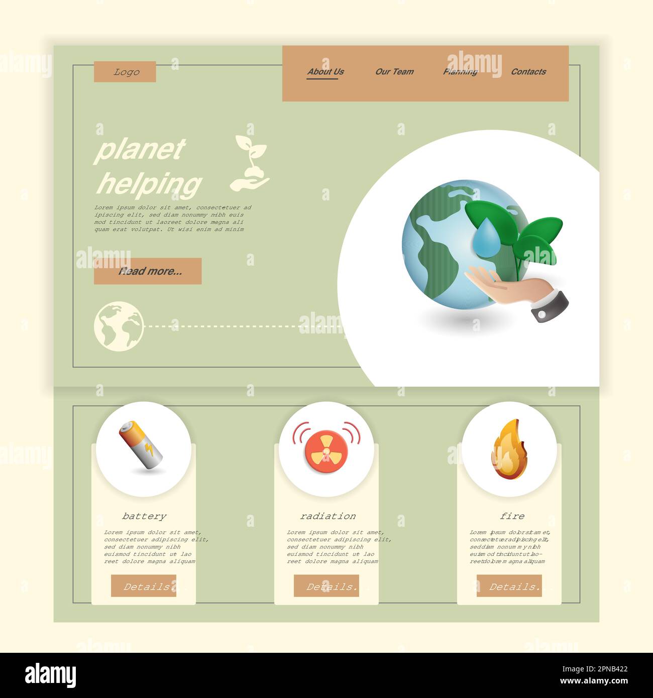 Planet helping flat landing page website template. Battery, radiation ...