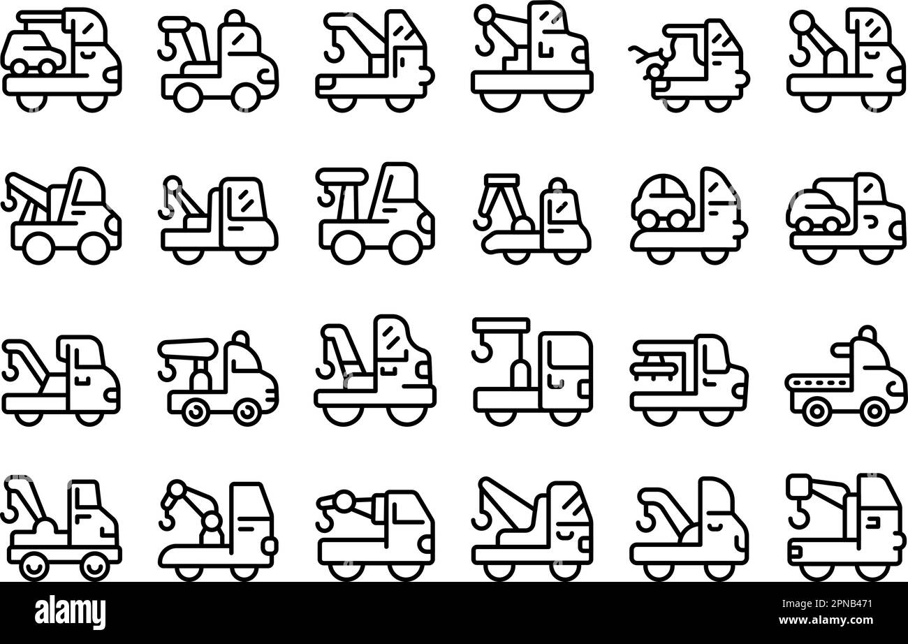 Rescue tow truck icons set outline vector. Car accident. Crane pull ...