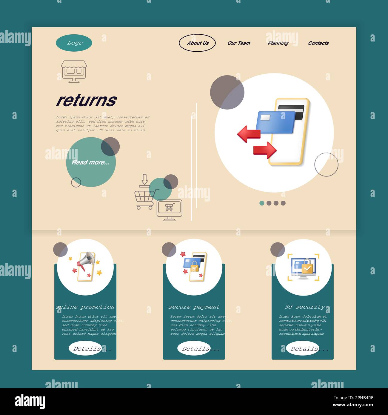 Returns flat landing page website template. Online promotion, secure ...