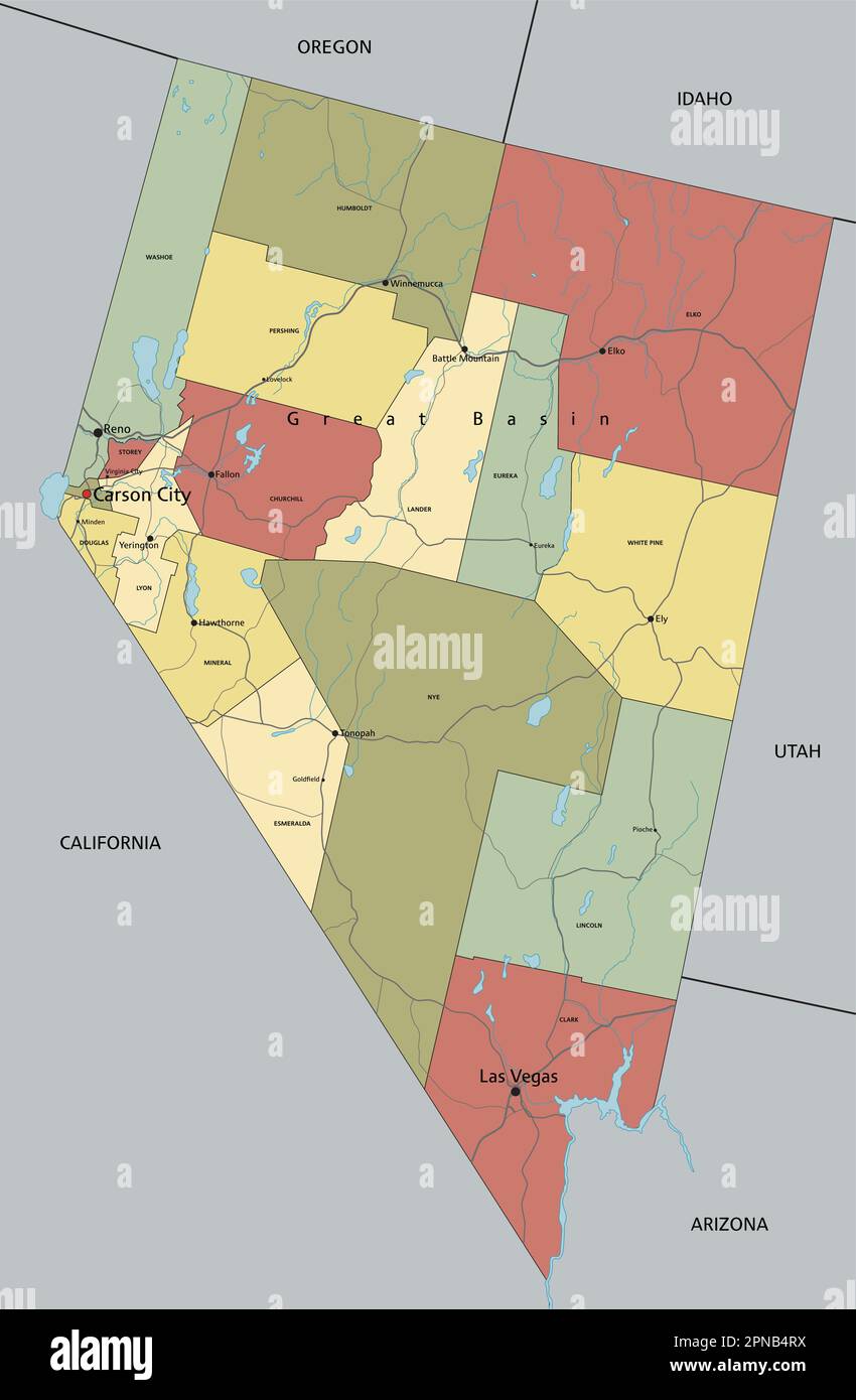 Nevada - Highly detailed editable political map with labeling Stock ...