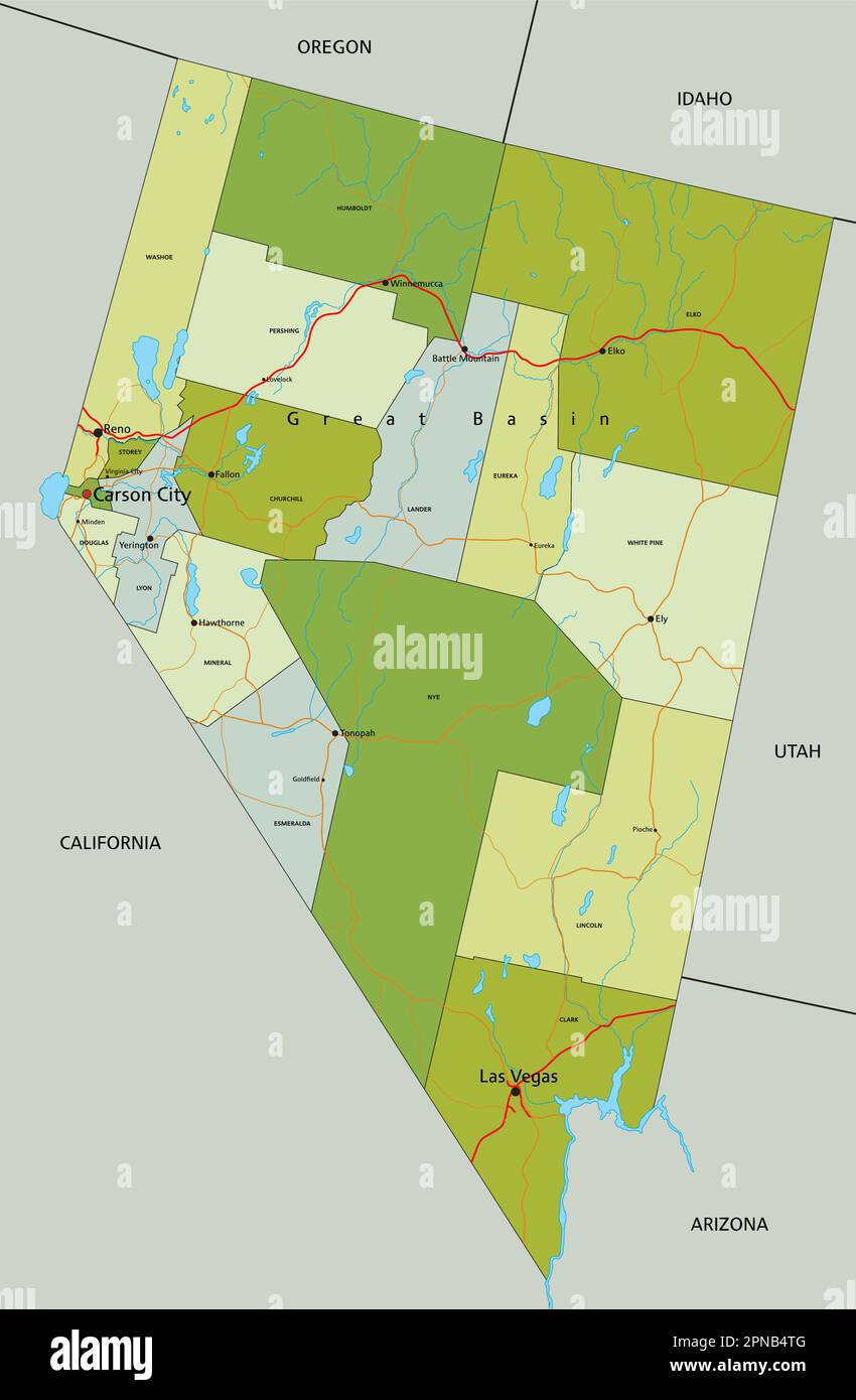 Highly detailed editable political map with separated layers. Nevada ...