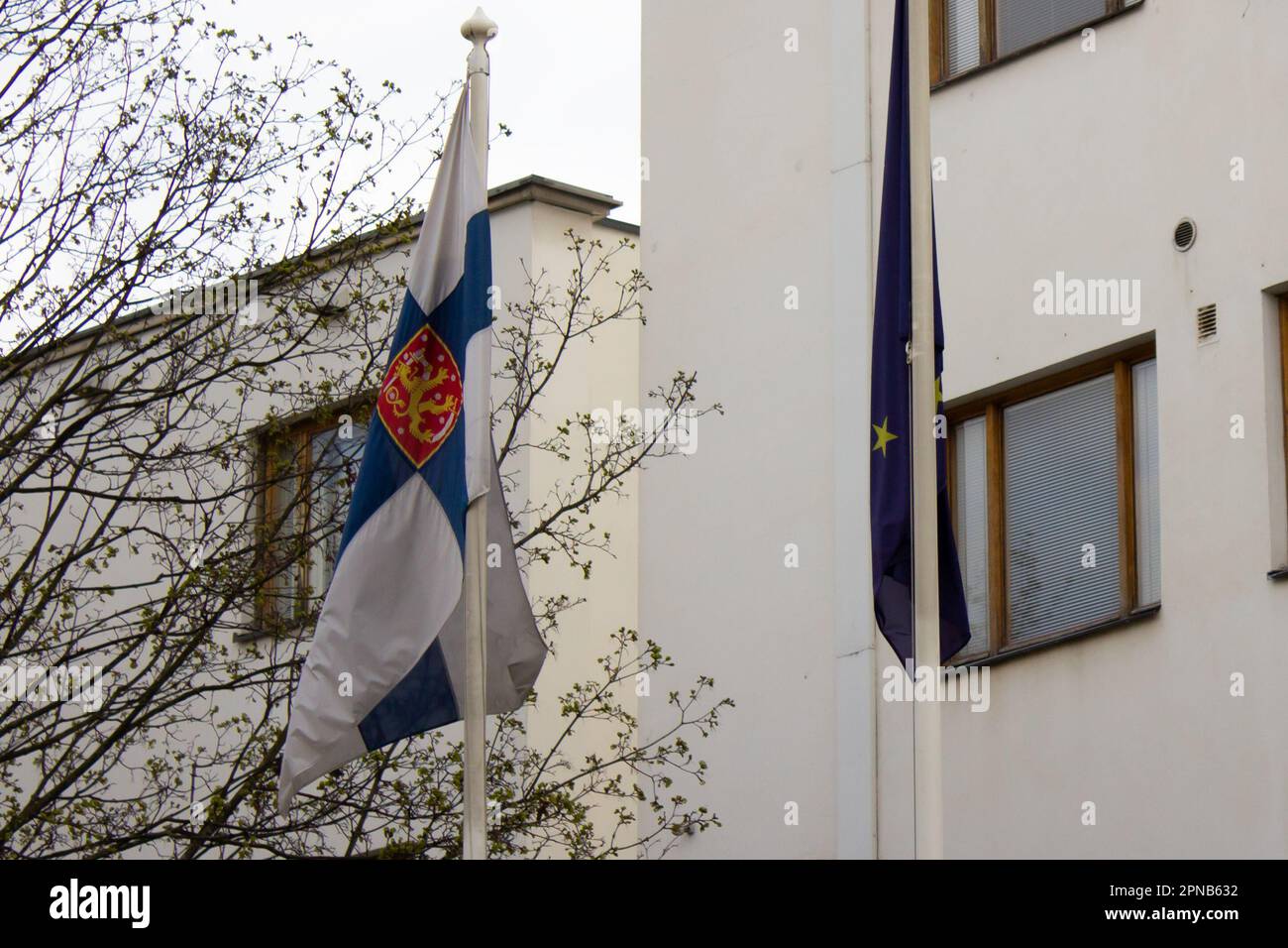 Moscow, Russia. 17th Apr, 2023. A Finnish flag with the state emblem on ...