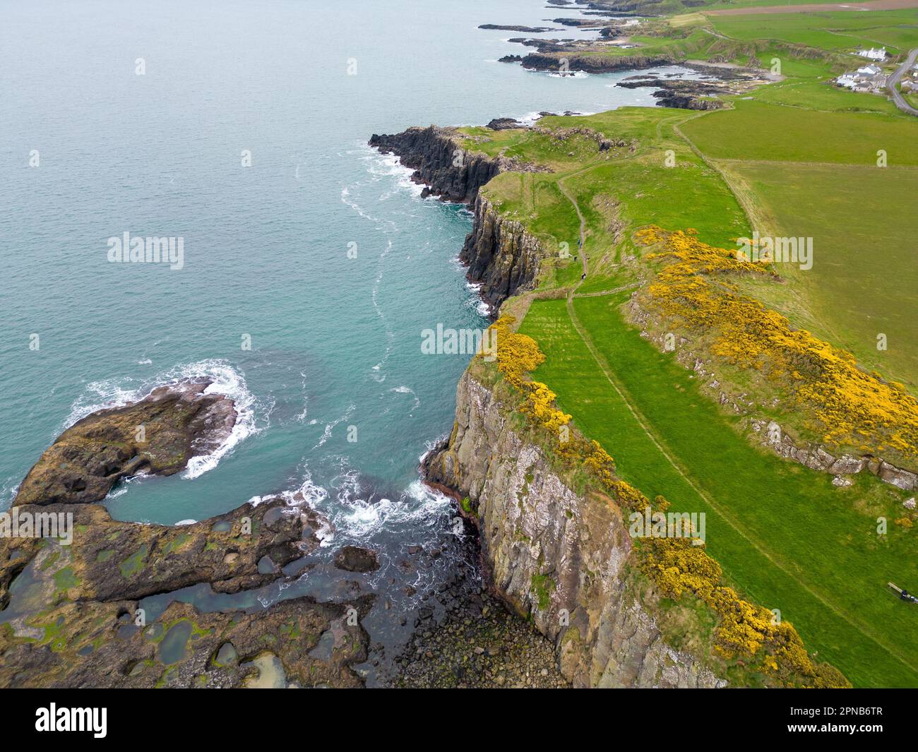 Aerial view of coastline at Dunseverick Castle, County Antrim Stock ...