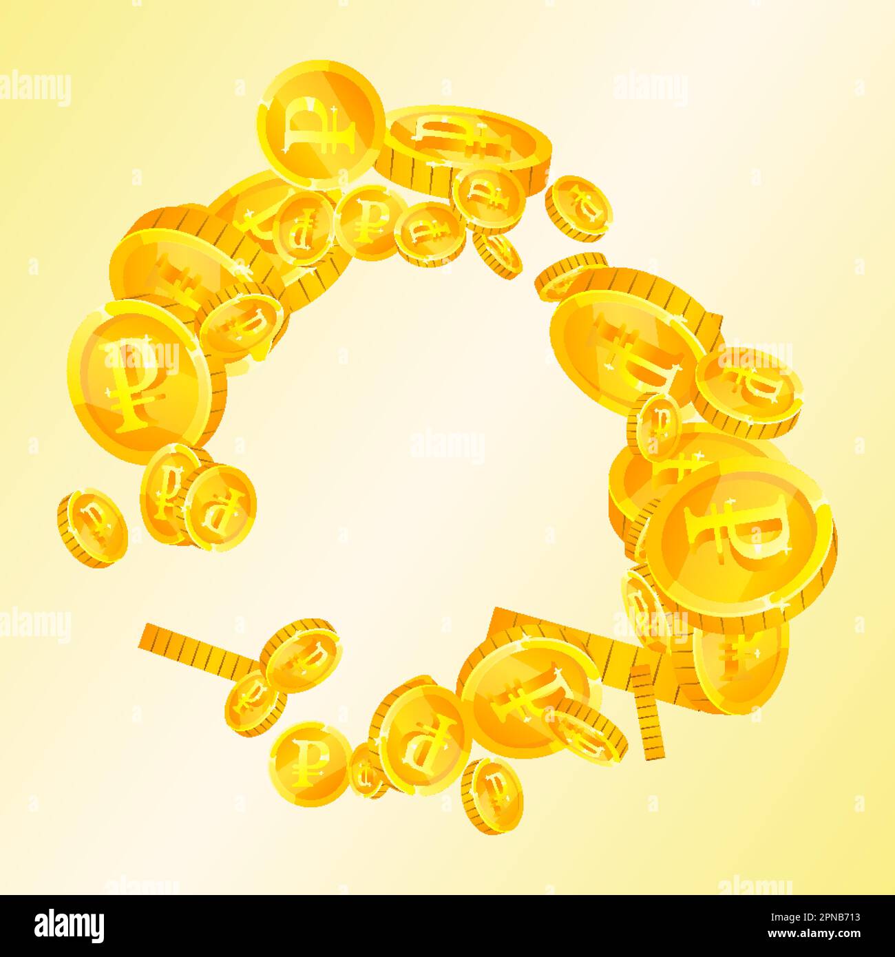 Russian ruble coins falling. Scattered gold RUB coins. Russia money ...