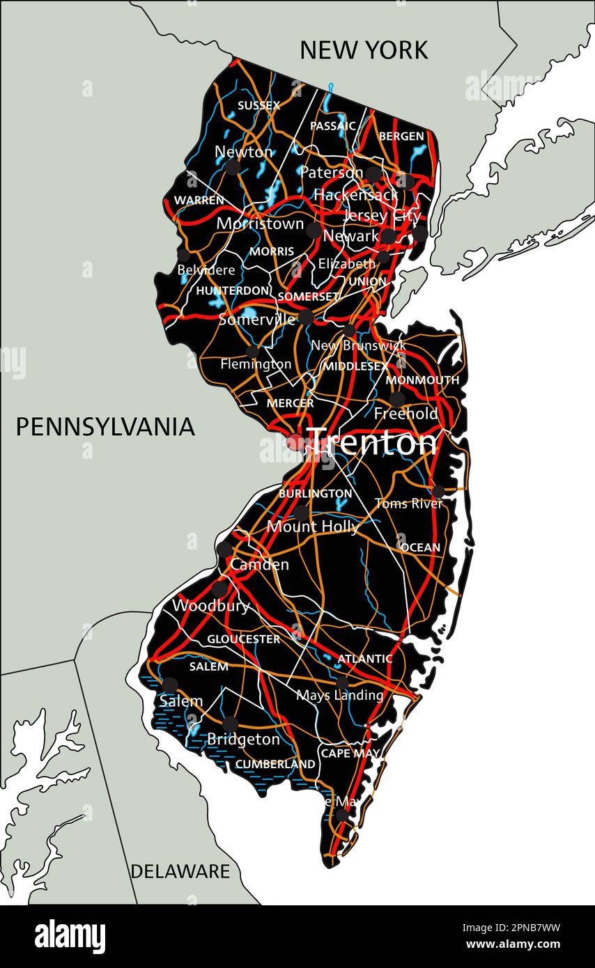 High detailed New Jersey road map with labeling Stock Vector Image ...