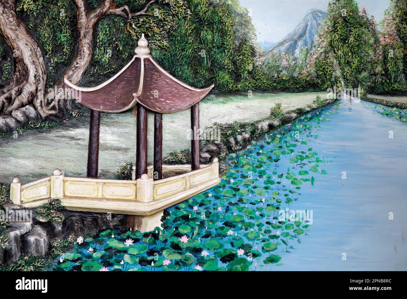 Thien Quang Co Tu buddhist temple. Wall painting. Mountain, river and ...