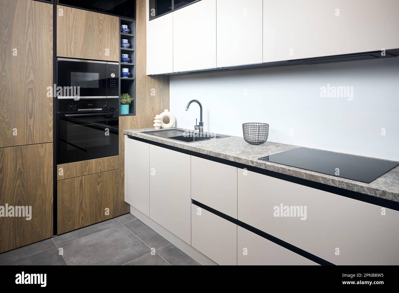 Urban rustic loft style kitchen interior in wooden facade and stoneware ...